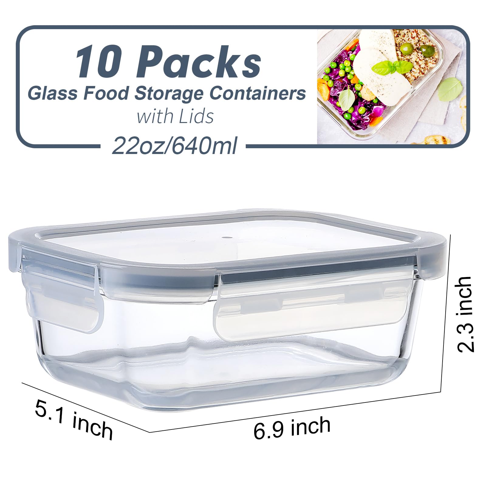 BAYZZ Glass Meal Prep Containers, 10 Packs 22 oz Glass Food Storage Containers,Airtight Lunch Containers with lids - Microwave,Freezer,Dishwasher Safe