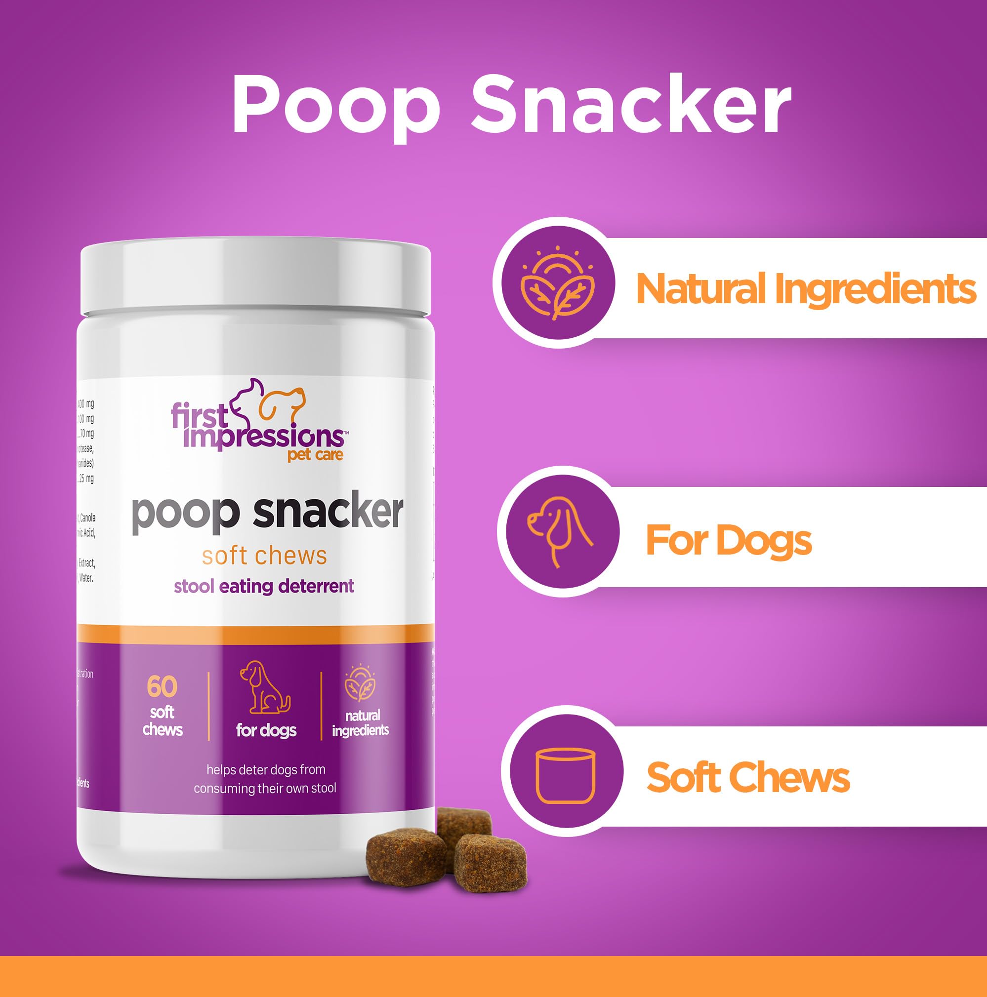 First Impressions Poop Snacker Soft Chews - Best Stool Eating Deterrent for Dogs, Coprophagia Deterrent for Dogs, Probiotics & Breath Freshener - Deterrent for Dogs Eating Poop - 60 ct