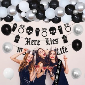 Gothic Bachelorette Party Decorations, Here Lies My Single Life Rip to My Single Life Halloween Bridal Shower Engagement Wedding Decor - Black Silver Balloons Garland Arch Kit Sash Banner