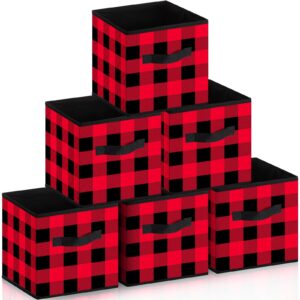 suzile 6 pcs buffalo plaid storage bins christmas 10'' buffalo plaid foldable fabric storage cube with handles christmas basket storage box organizers for toys shelf closet home gift(red and black)