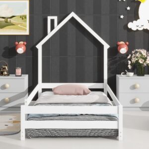 Maotifeys Twin Size Wood Floor Bed Frame with House-Shaped Headboard and Fence, Twin Size Platform Bed Frame Floor Bed for Kids, Low to Ground Height, No Box Spring Needed (White)