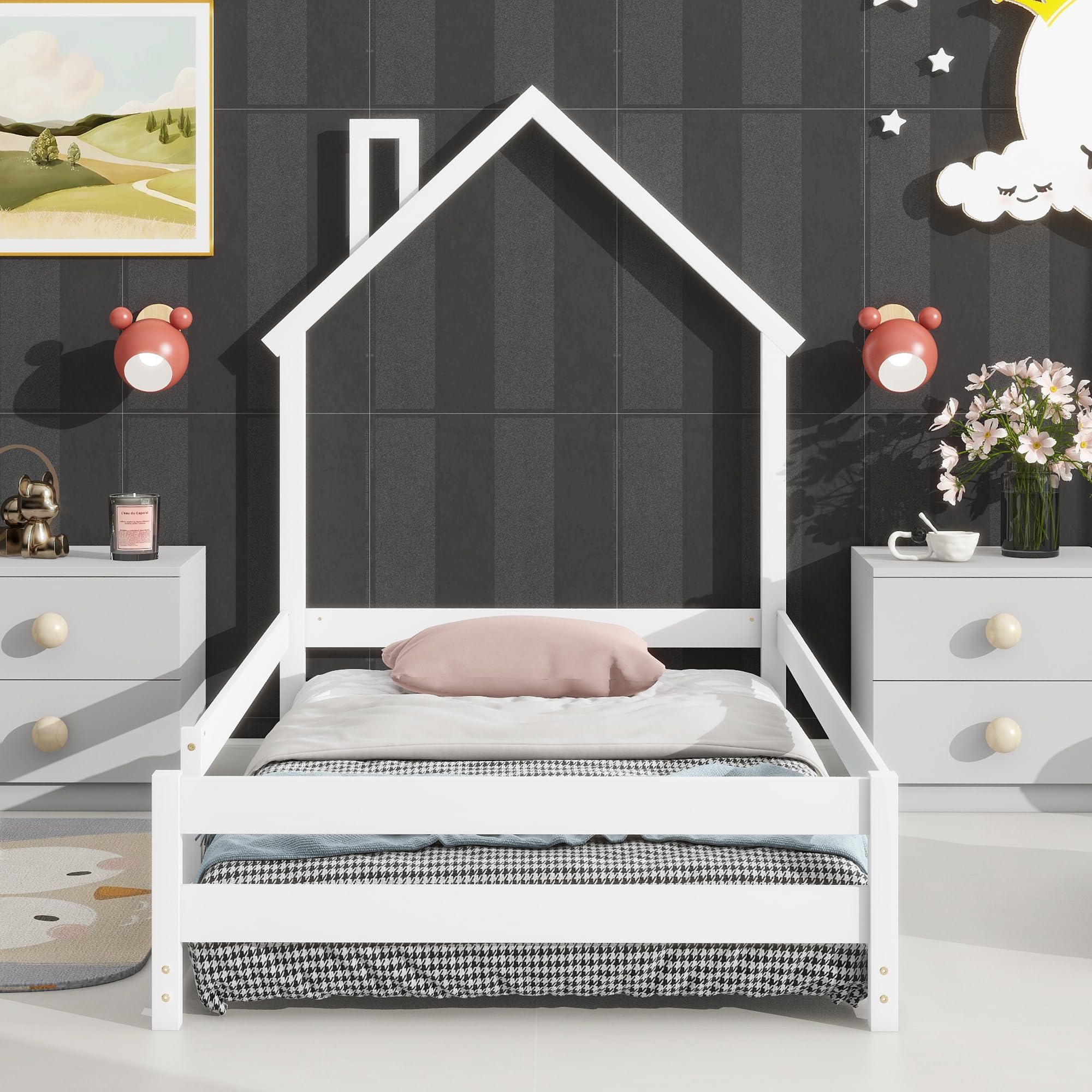 Maotifeys Twin Size Wood Floor Bed Frame with House-Shaped Headboard and Fence, Twin Size Platform Bed Frame Floor Bed for Kids, Low to Ground Height, No Box Spring Needed (White)