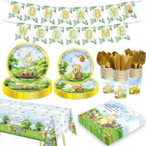 177pcs vintage winnie bear baby shower pooh party supplies decorations oh baby plates and napkins tableware set for boys girls newborn kids cups tablecloth banner birthday decorations for 25 guests