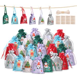 24 pcs small christmas bags with drawstring cute satin xmas goodie bags bulk for christmas advent calendar assorted treat bags for winter holiday party favor