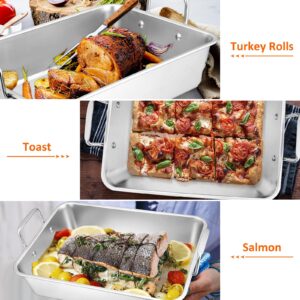 Leonyo Roasting Pan with Rack, 14 Inch Turkey Roasting Pan & Cooling Rack, Stainless Steel Baking Pans Non Stick Roaster Pan with Wire Rack for Cooking Ham, Chicken, Cake, Lasagna, Casserole