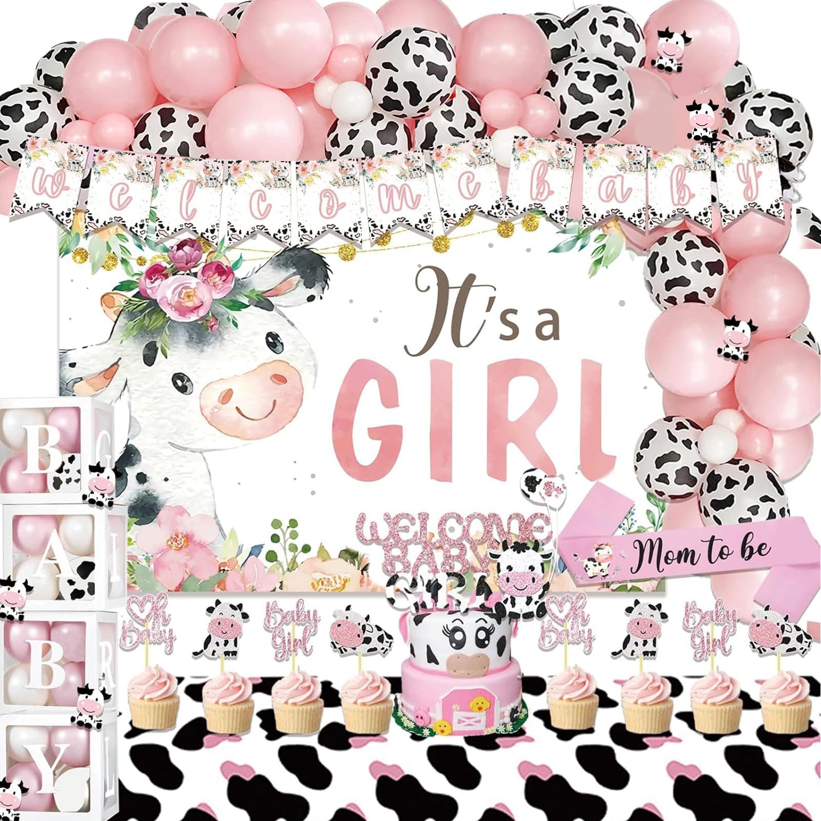 Cow Baby Shower Decorations for Girl, Fiesec Pink Farm Cow Themed Baby Shower Decorations Backdrop Balloon Garland Welcome Baby Banner Tablecloth Cake Topper Box Cutout Mom To Be Sash