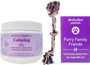 bocce's bakery calming soft chews health supplement for dogs with chamomile, lemon balm, l-theanine & melatonin (60 count) - plus rope toy and fun animal facts booklet bundle