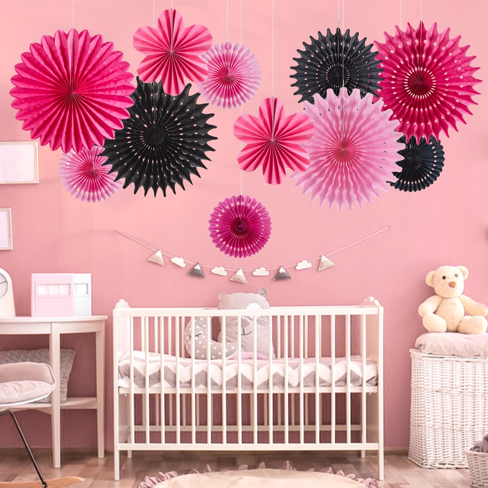 Balun Admhail 11PCS Hanging Paper Fans Decorations Pink Black Birthday Party Decorations for Girls Sweet 16 18 21st Paris Birthday Bridal Shower Wedding Bachelorette Galentine's Party Decor Supplies