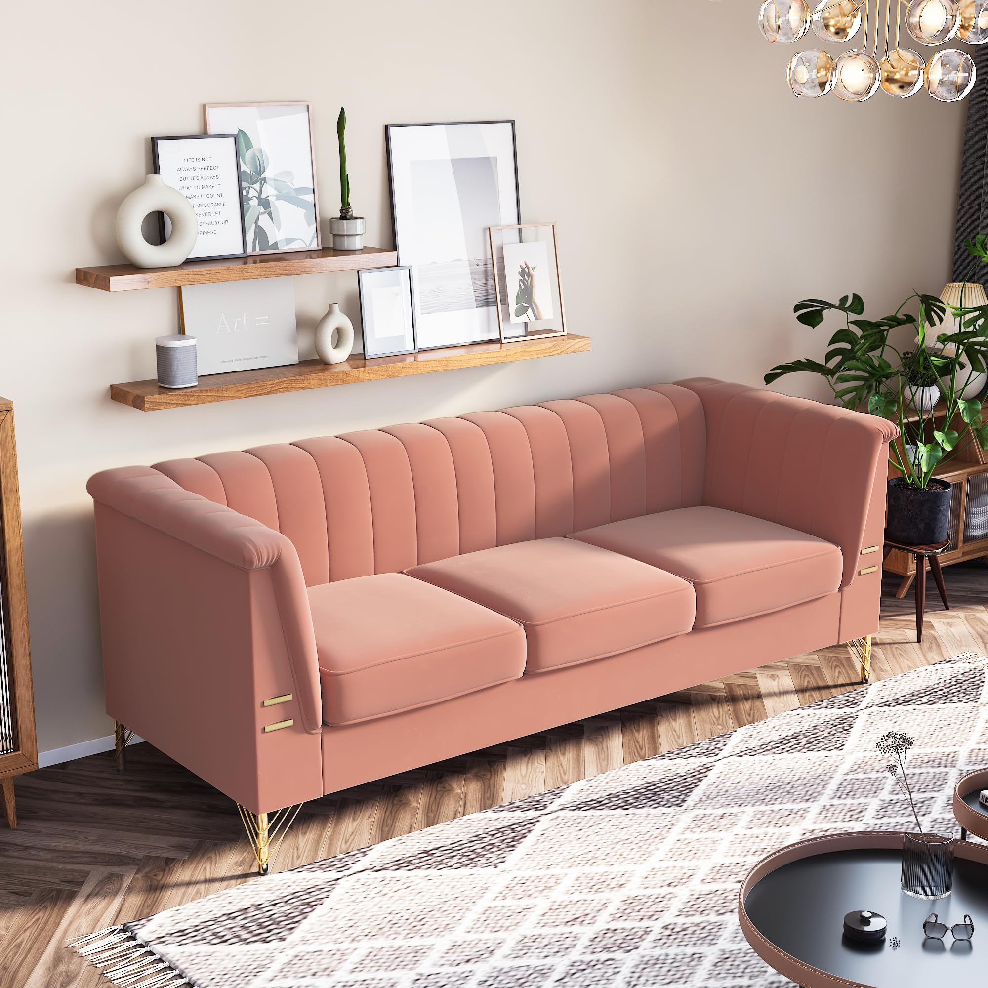 Tomkate Chesterfield Sofa, 83 Inch Modern Velvet Tufted Upholstered Sofas Couches with Flared Arms and Gold Metal Legs, Comfy 3 Seater Couch for Living Room (Pink)