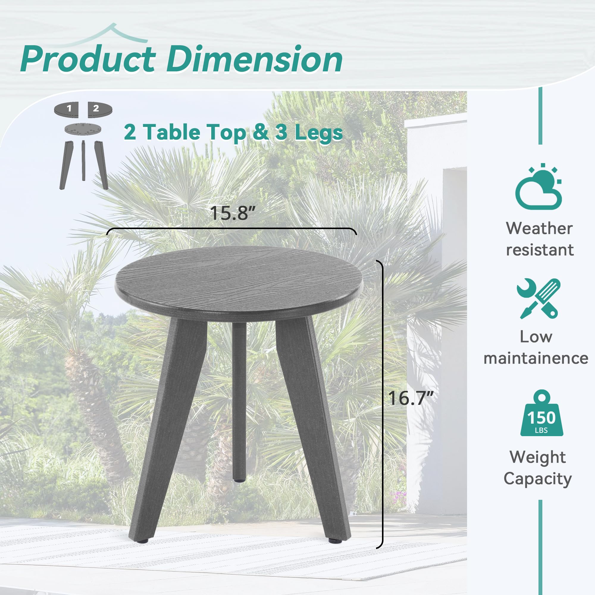 Homenjoy Outdoor Side Table, HDPE Outdoor Table, Small Round Side Table Weather-Resistant, Outdoor Side Tables for Patio, Porch, Deck, End Table for Plant Stand, Living Room, Bedroom, Gray