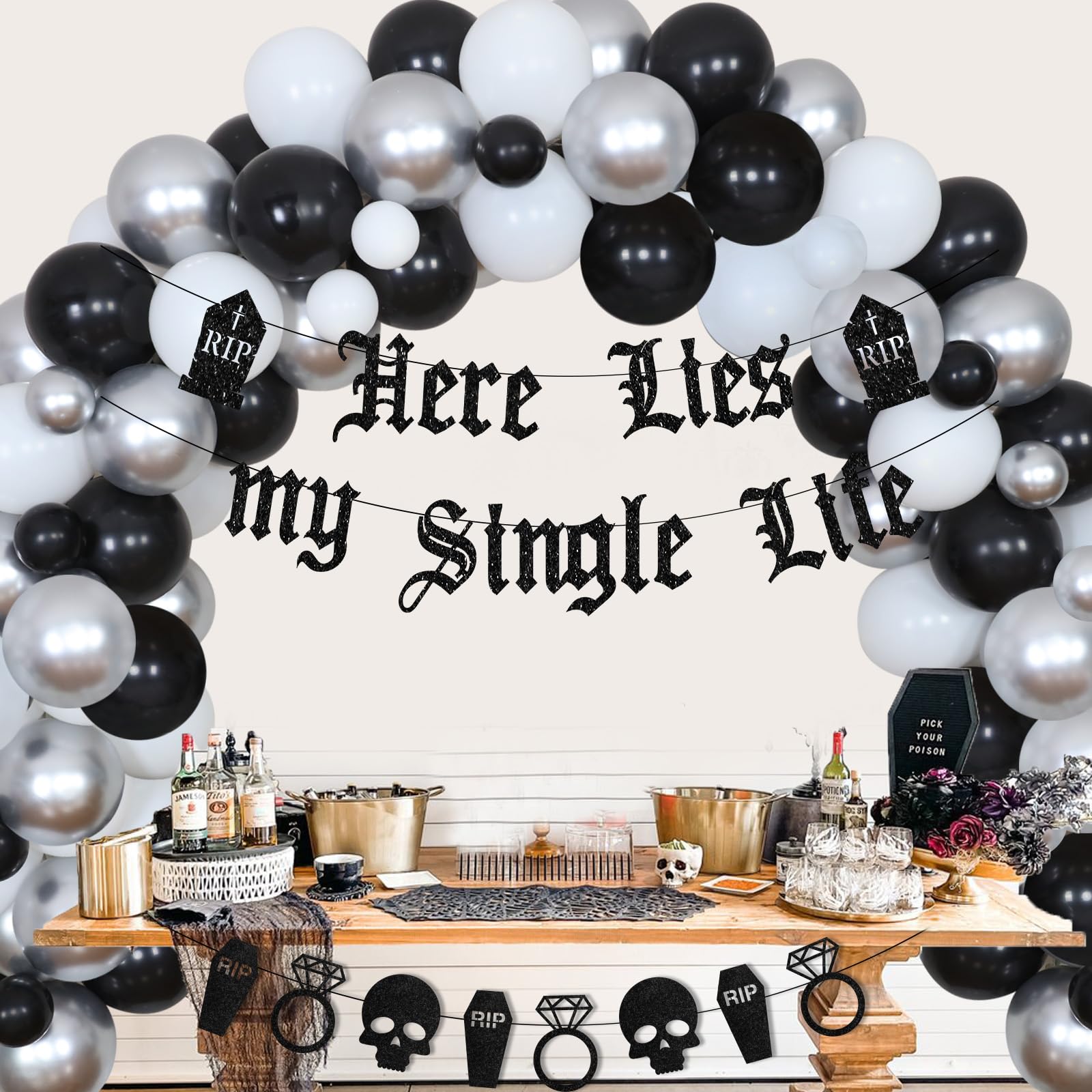 Gothic Bachelorette Party Decorations, Here Lies My Single Life Rip to My Single Life Halloween Bridal Shower Engagement Wedding Decor - Black Silver Balloons Garland Arch Kit Sash Banner