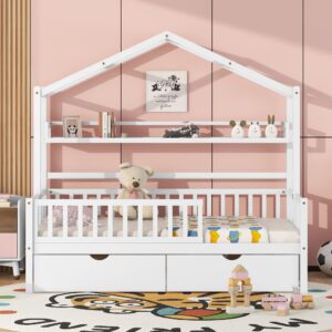 harper & bright designs twin house bed with 2 storage drawers, kids twin platform bed frame with storage shelves, fence and roof, tent bed, wood playhouse bed twin for kids teens girls & boys (white)