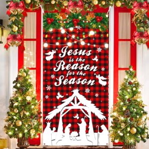 christmas nativity door cover jesus is the reason for the season christmas door decorations banner holy religious red buffalo plaid porch sign backdrop background for xmas holiday party supplies