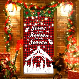 Christmas Nativity Door Cover Jesus is The Reason for The Season Christmas Door Decorations Banner Holy Religious Red Buffalo Plaid Porch Sign Backdrop Background for Xmas Holiday Party Supplies