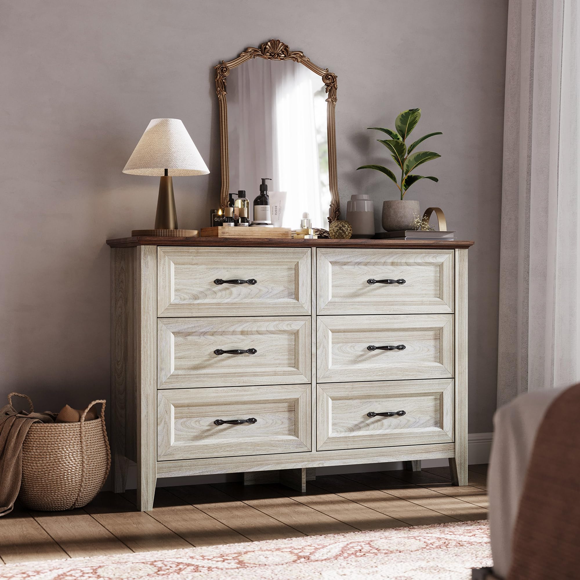 LINSY HOME Farmhouse 6 Drawers Dresser, White Wood Dresser for Bedroom Wide Chest of Drawers, French Country Storage Double Dressers Organizer for Bedroom, Living Room