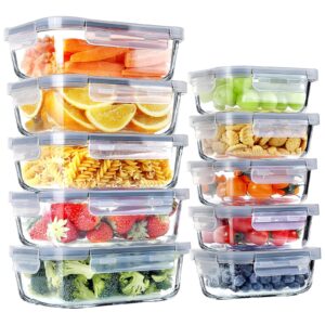 bayzz 10 packs glass food storage containers with lids, glass meal prep containers, airtight glass lunch containers - freezer,oven,microwave safe