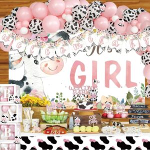 Cow Baby Shower Decorations for Girl, Fiesec Pink Farm Cow Themed Baby Shower Decorations Backdrop Balloon Garland Welcome Baby Banner Tablecloth Cake Topper Box Cutout Mom To Be Sash