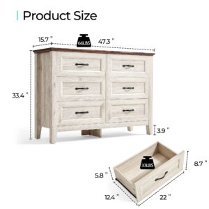 LINSY HOME Farmhouse 6 Drawers Dresser, White Wood Dresser for Bedroom Wide Chest of Drawers, French Country Storage Double Dressers Organizer for Bedroom, Living Room