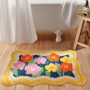 aldopein colorful cute flower rug, vibrant fluffy shaggy boho floral bathroom kitchen rugs mat yellow/orange/pink, non-slip washable 2x3 small aesthetic bedroom accent rug trendy funky throw rug