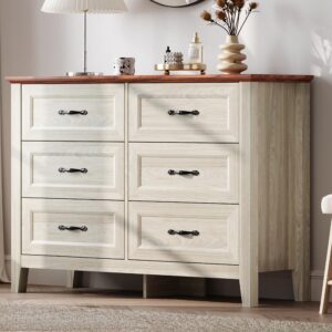 linsy home farmhouse 6 drawers dresser, white wood dresser for bedroom wide chest of drawers, french country storage double dressers organizer for bedroom, living room