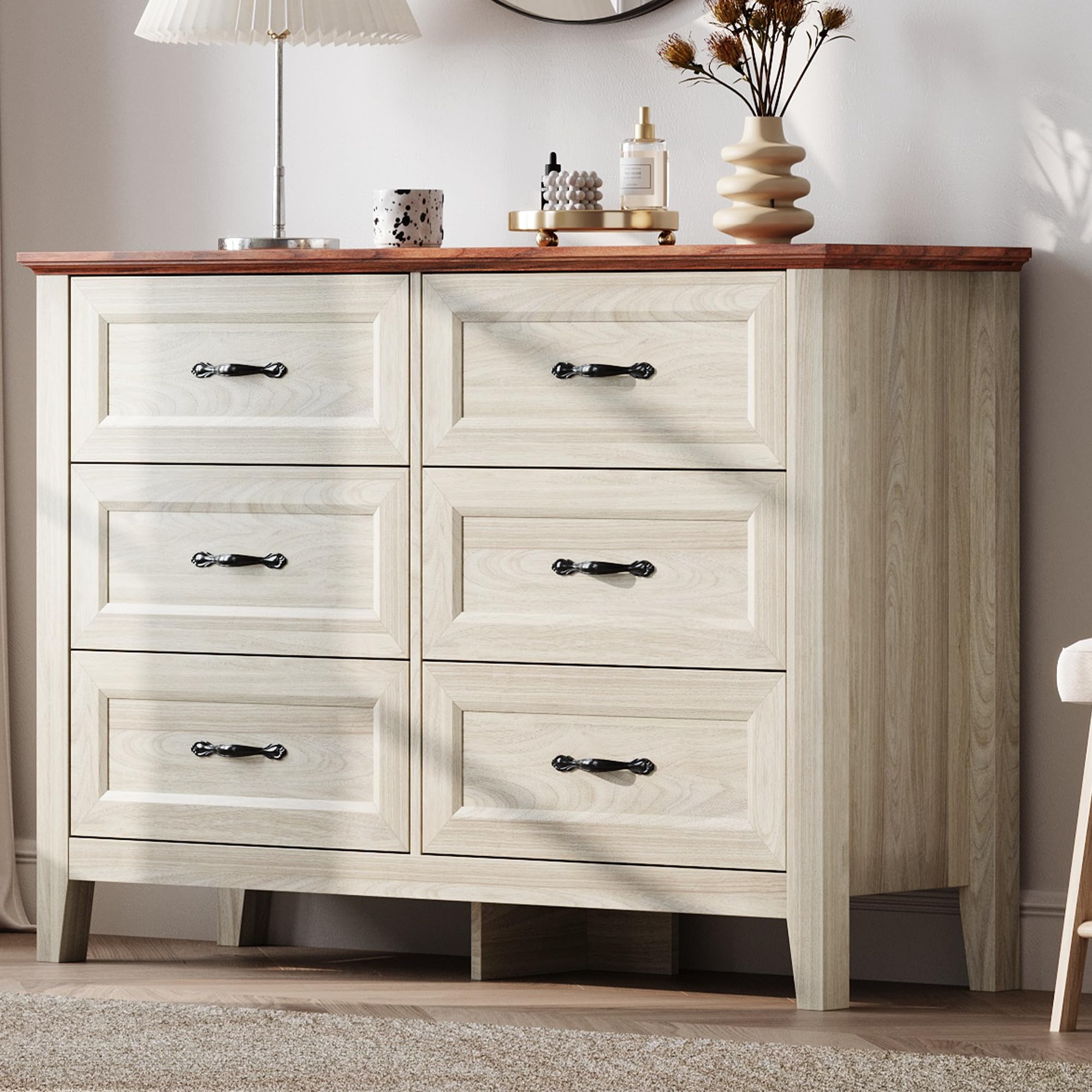 LINSY HOME Farmhouse 6 Drawers Dresser, White Wood Dresser for Bedroom Wide Chest of Drawers, French Country Storage Double Dressers Organizer for Bedroom, Living Room