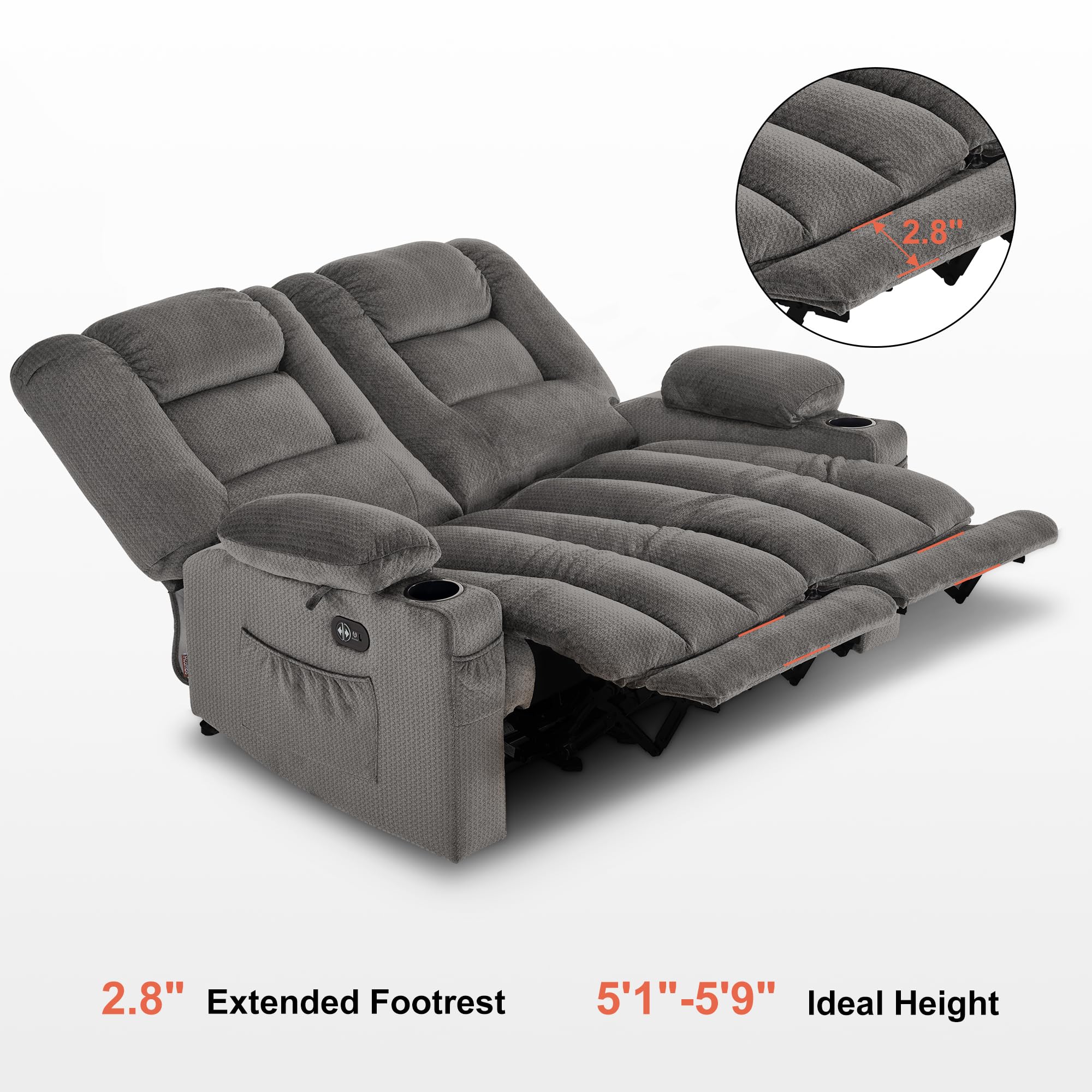 MCombo 55.9" Power Loveseat Recliner with Heat and Vibration, Fabric Electric Loveseat Recliner, USB Charge Port, Cup Holders for Living Room PR648 (Grey)