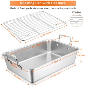 Leonyo Roasting Pan with Rack, 14 Inch Turkey Roasting Pan & Cooling Rack, Stainless Steel Baking Pans Non Stick Roaster Pan with Wire Rack for Cooking Ham, Chicken, Cake, Lasagna, Casserole