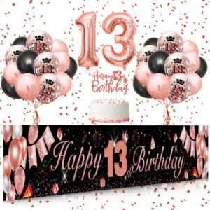 13th birthday decorations for girls, rose gold 13th happy birthday banner with balloons cake topper ,official teenager birthday decorations, 13 year old girl birthday backdrop yard sign party supplies