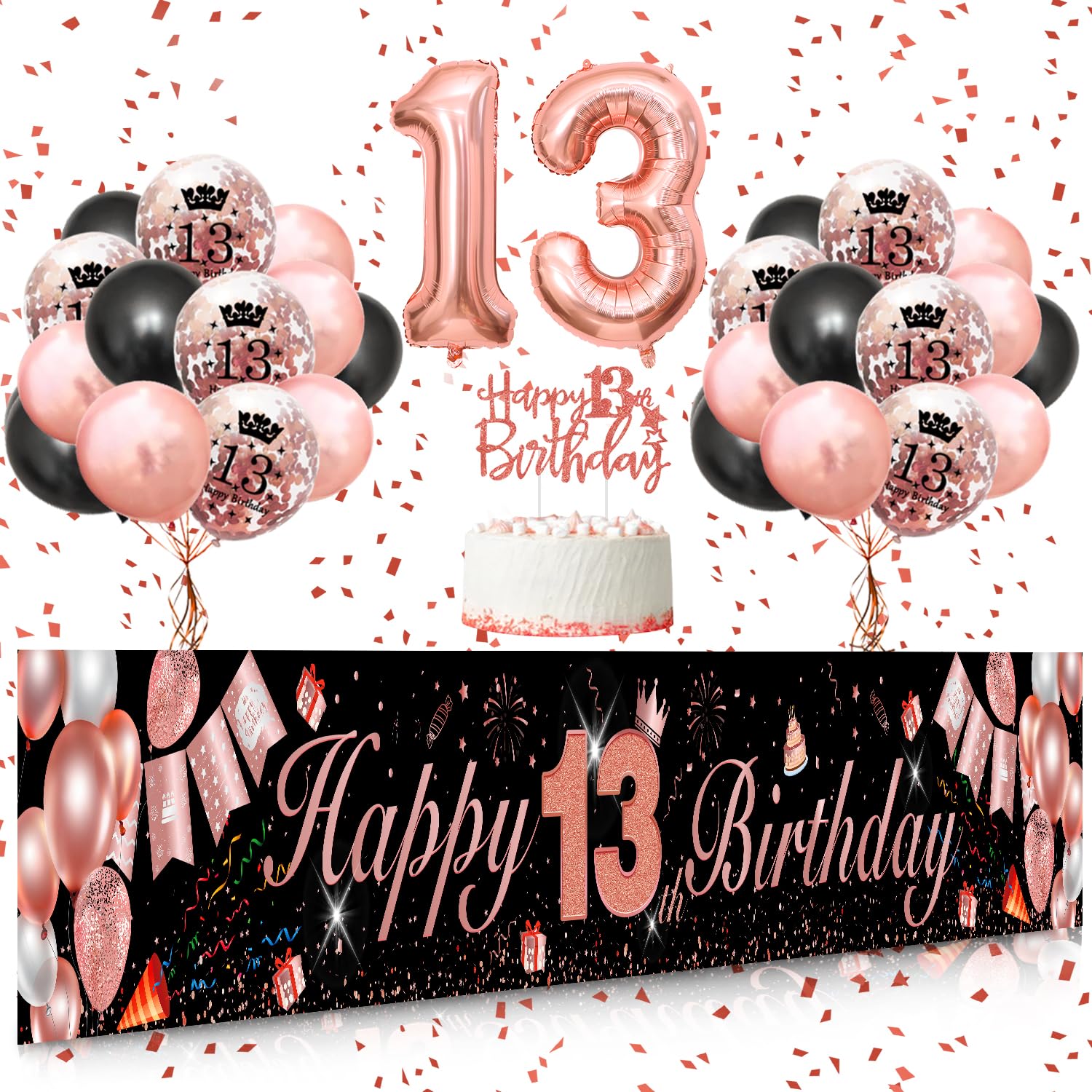 13th Birthday Decorations for Girls, Rose Gold 13th Happy Birthday Banner with Balloons Cake Topper ,Official Teenager Birthday Decorations, 13 Year Old Girl Birthday Backdrop Yard Sign Party Supplies