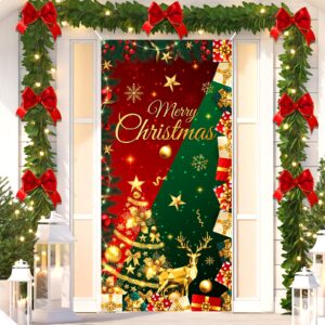 red green christmas door cover merry christmas door decorations banner glitter christmas tree elk snowflake porch sign backdrop background for christmas new year winter holiday party decor supplies