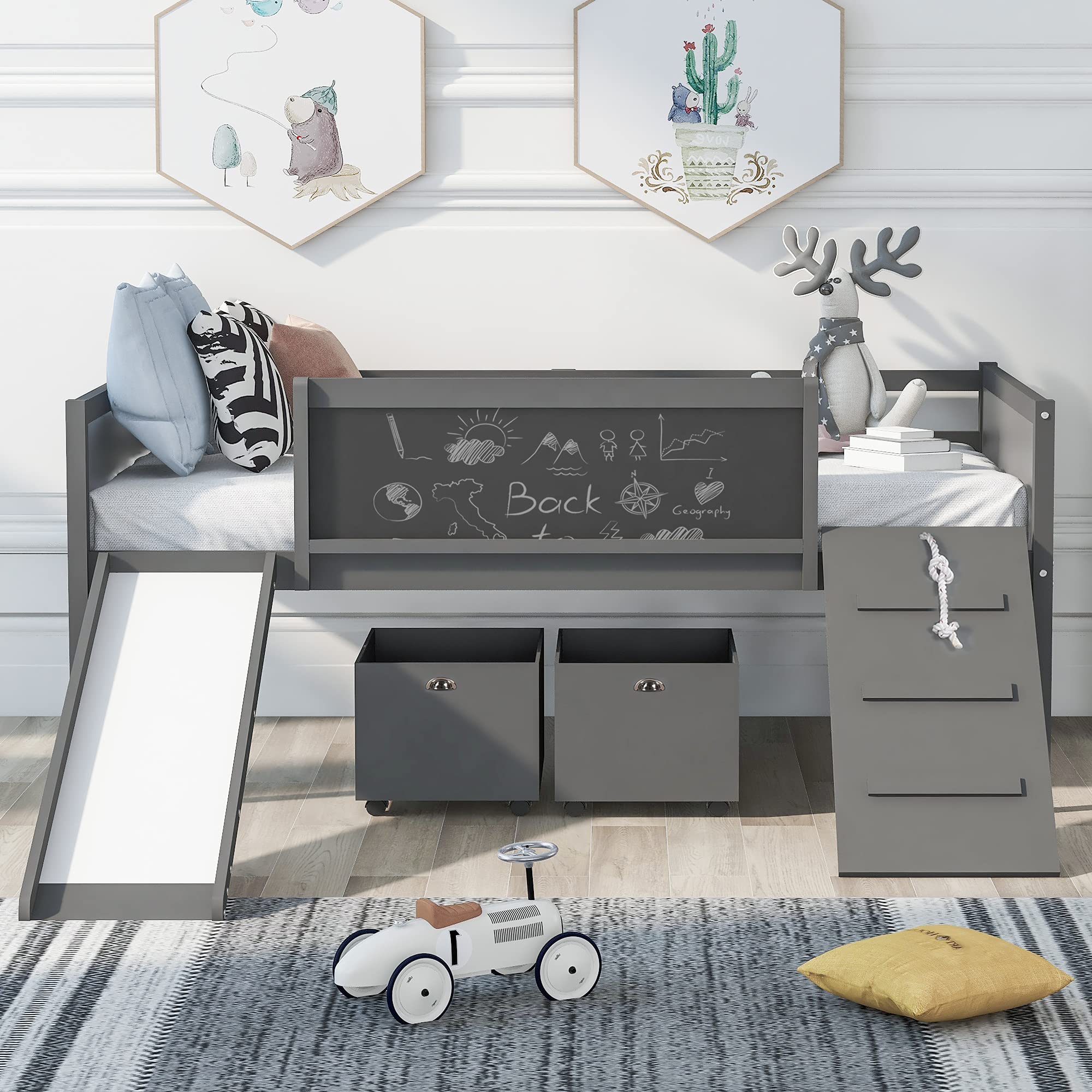 Harper & Bright Designs Low Loft Bed with Slide, Wood Twin Loft Bed for Kids, Loft Bed Twin with 2 Toy Boxes, Chalkboard and Climbing Frame, Junior Loft Bed Frame for Girls Boys (Twin, Gray)