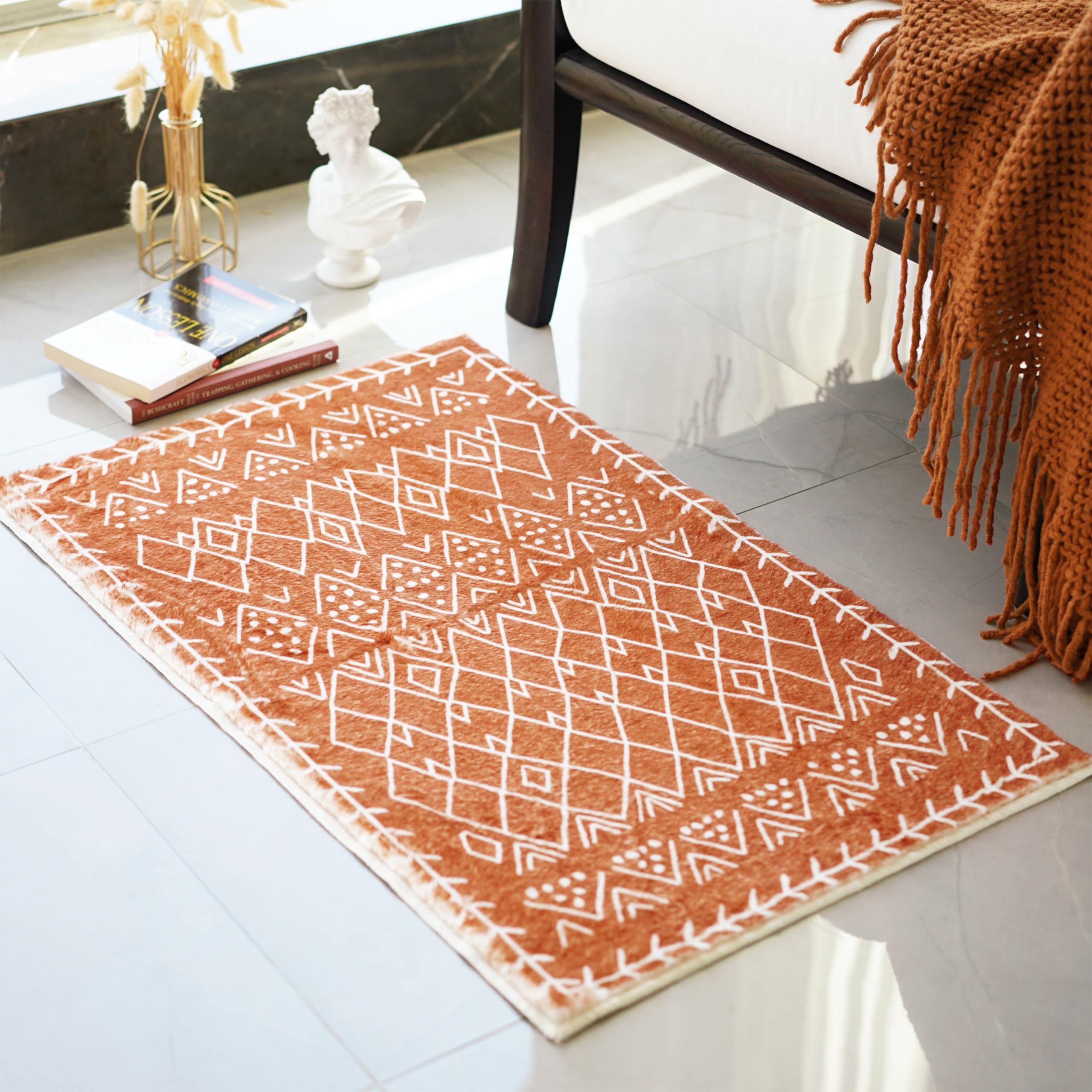 Tititex Orange White Bohemian Area Rug - 1.6'x2.6' Ultra Soft Faux Rabbit Fur Boho Runner Rug Doormat, Non-Slip Mat Washable High-Pile Carpet for Kitchen Laundry Room Decor