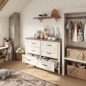 LINSY HOME Farmhouse 6 Drawers Dresser, White Wood Dresser for Bedroom Wide Chest of Drawers, French Country Storage Double Dressers Organizer for Bedroom, Living Room