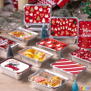 JOYIN 36 Pieces Christmas Foil Containers with Lids, 9 Holiday Designs, 7"x5"x2" Rectangular Treat Foil Containers, Disposable Food Storage Pan for Holiday Leftovers Goodie Container