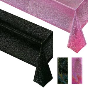 2 pcs pink & black holographic laser tablecloth 40" x 108" party table cloth shimmer shining plastic metallic table cover for pink halloween decor girls baby shower birthday party supplies