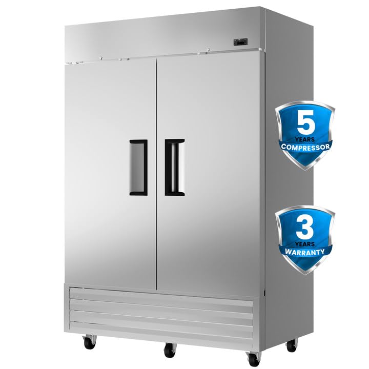 KICHKING 54"W 2 Door Commercial Freezer 49 Cu.Ft Dynamic Cooling OmniSmart Temperature Control -10℉~10℉ Self Closing Stainless Steel Reach-In Commercial Freezer Digital Thermostat LED Light 6 Shelves