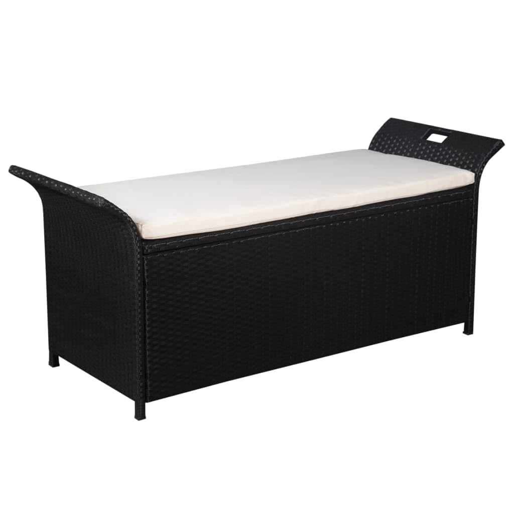 GOLINPEILO Outdoor Wicker Storage Bench Deck Box with Cream White Cushion, PE Rattan Patio Furniture Pool Storage Bin Container with Interior Waterproof Cloth Bag, 54.3"x19.7"x23.6" Black, -388