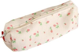 pink strawberries women fresh style pencil bag flower floral canvas large pen pencil pouch bag pencil case pen holder coin pouch, simple cosmetic storage bags makeup bag office stationery organizer