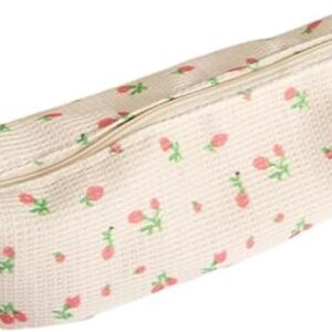 Pink Strawberries Women Fresh Style Pencil Bag Flower Floral Canvas Large Pen Pencil Pouch Bag Pencil Case Pen Holder Coin Pouch, Simple Cosmetic Storage Bags Makeup Bag Office Stationery Organizer