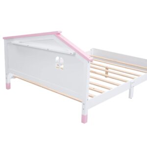 MERITLINE Full Bed Frame with House-Shaped Headboard, Wooden Full Size Platform Bed Frame with Shelf, Cute Full Bed for Kids Teens Girls Boys, No Box Spring Needed, White+Pink