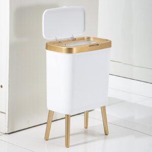 uralfa 4 gallon bathroom trash can with lid, slim garbage can with high foot, dog proof trash bin with press-top, modern white and gold trash can for bedroom, kitchen, living room, toilet (white)