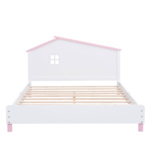 MERITLINE Full Bed Frame with House-Shaped Headboard, Wooden Full Size Platform Bed Frame with Shelf, Cute Full Bed for Kids Teens Girls Boys, No Box Spring Needed, White+Pink