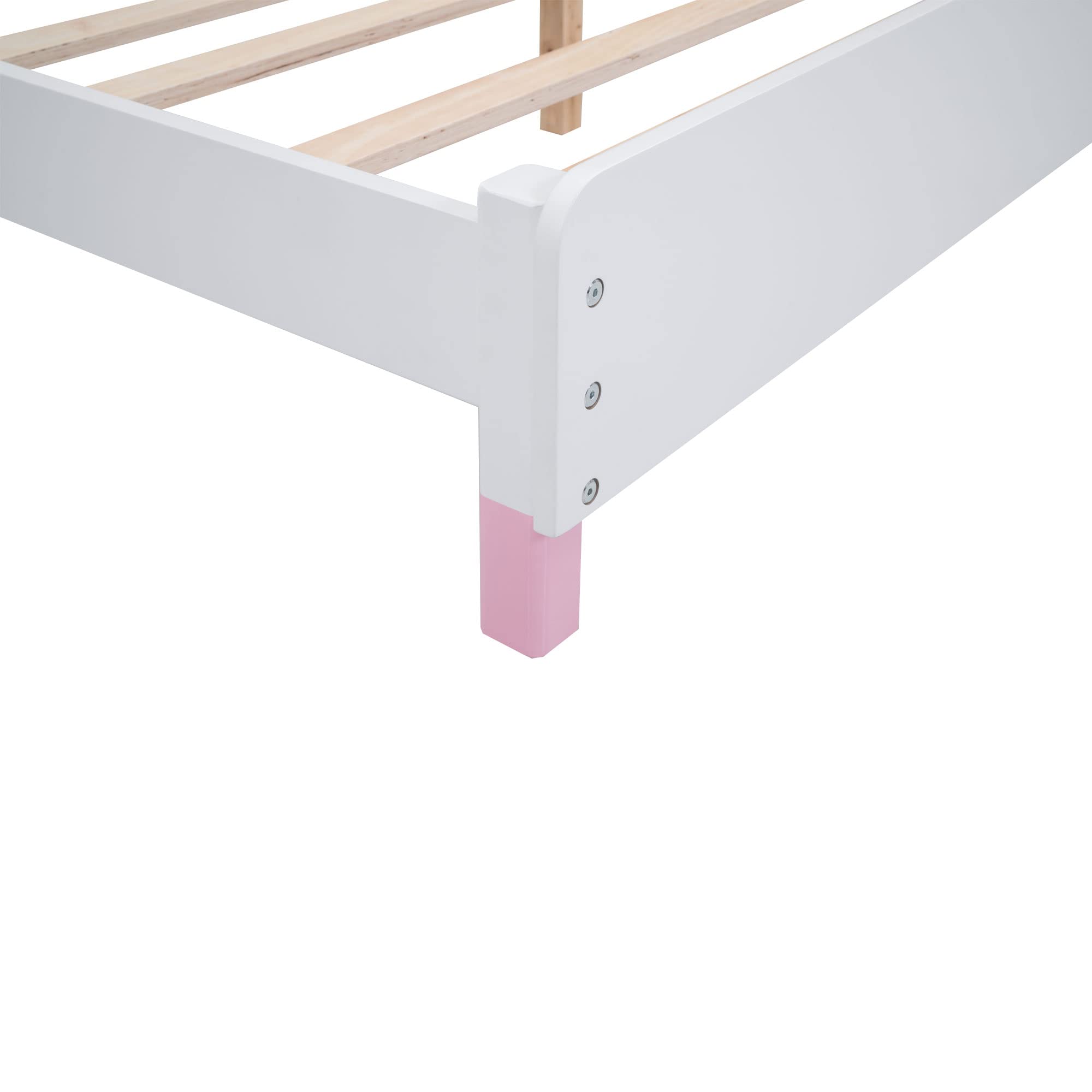 MERITLINE Full Bed Frame with House-Shaped Headboard, Wooden Full Size Platform Bed Frame with Shelf, Cute Full Bed for Kids Teens Girls Boys, No Box Spring Needed, White+Pink