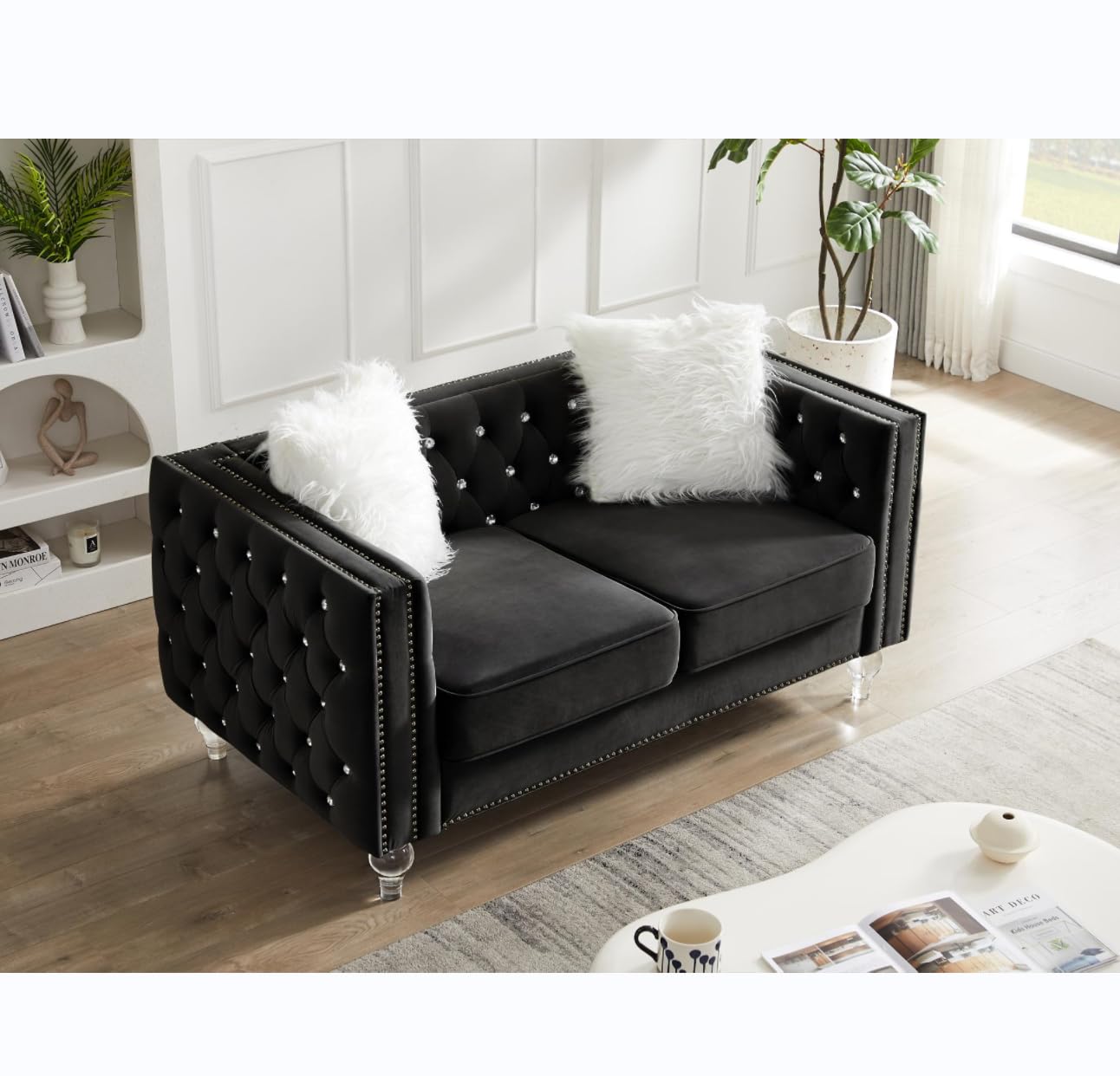 Tomkate 59.8 Inch Small Chesterfield Sofa, Modern Velvet Upholstered Loveseat Sofa Couch with Two Pillows and Crystal Feet, Crystal Buckle Upholstery Tufted 2 Seater Sofa for Living Room, Black