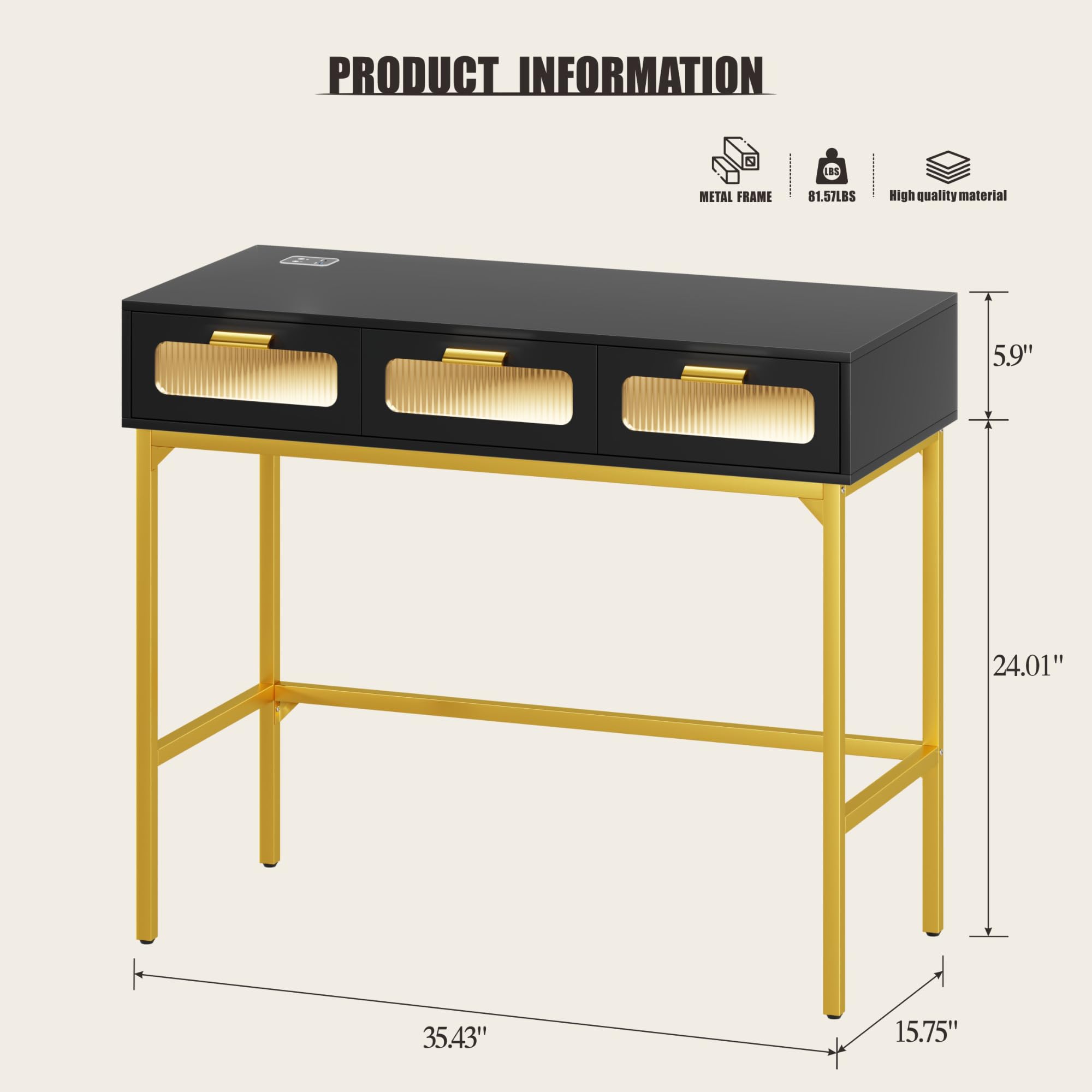 FREDEES Vanity Desk with 3 Color LED Lights, Makeup Vanity with with Human Body Induction, Vanity Table Set with 3 Large Drawers,Black