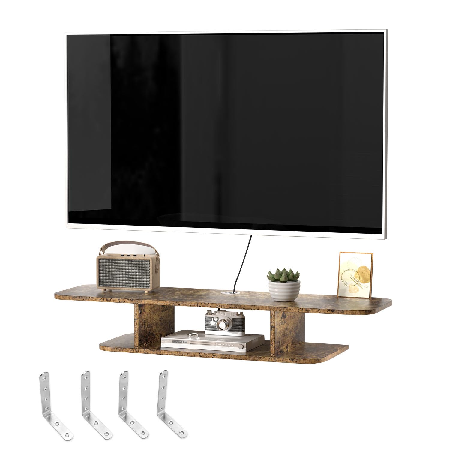 GHC Floating TV Stand, Wall Mounted Entertainment Center and Cabinet Shelf, TV Console with Storage, Media Console for DVD Player, Space-Saving Under TV Shelf for Bedroom (Rustic Brown)