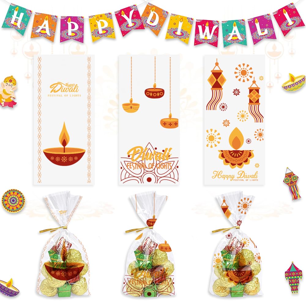 120PCS Diwali Bags Diwali Goodie Cellophane Treat Bags Festival of Lights Candy Bags Deepawali 3 Styles Happy Diwali Words Plastic OPP Bags with Twist Ties for Diwali Gifts Party Decoration Supplies