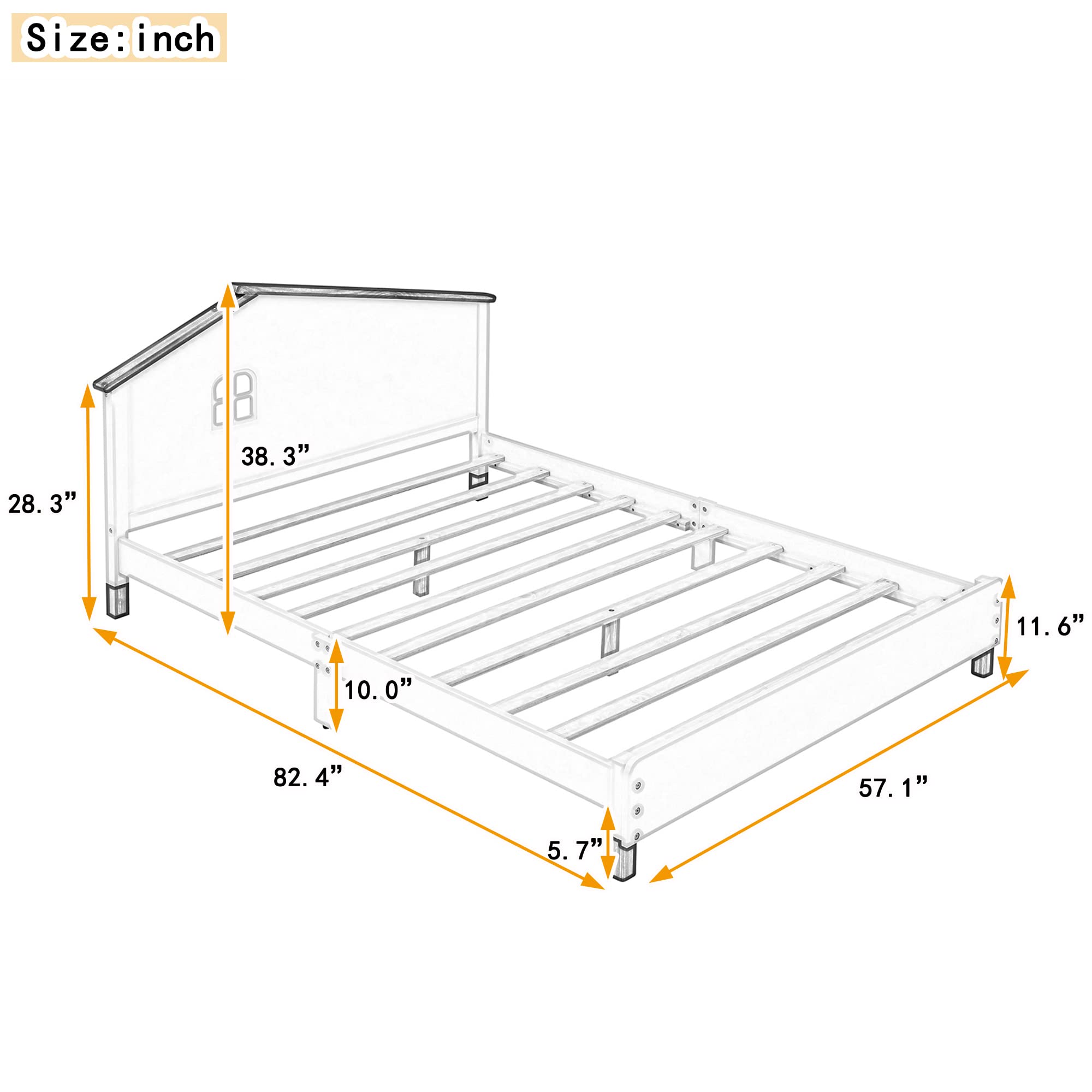 MERITLINE Full Bed Frame with House-Shaped Headboard, Wooden Full Size Platform Bed Frame with Shelf, Cute Full Bed for Kids Teens Girls Boys, No Box Spring Needed, White+Pink