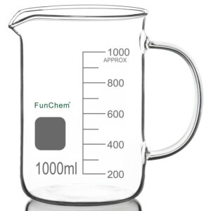 funchem glass beaker with handle, 1000 ml borosilicate glass clear graduated low form griffin beaker with pouring spout