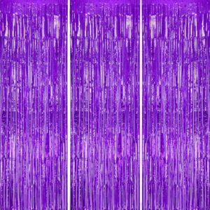 decockrat 3 pack foil fringe backdrop - purple shiny tinsel curtains for party decoration/photo booth props - 3.3x8.2 ft metallic foil backdrop for birthday, wedding, graduation, christmas.